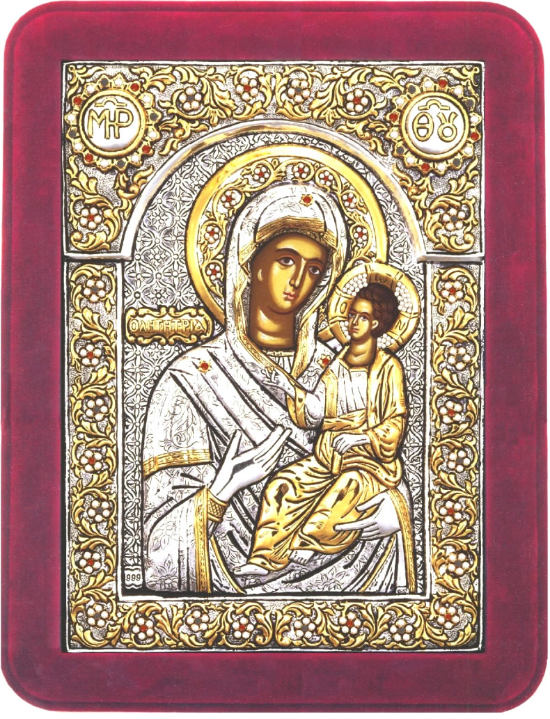 B334 Ασημόχρυση πετράτη χειροποίητη εικόνα Παναγία Οδηγητρια με ασήμι 999ο χρυσό Κ24 και κόκκινη ...
