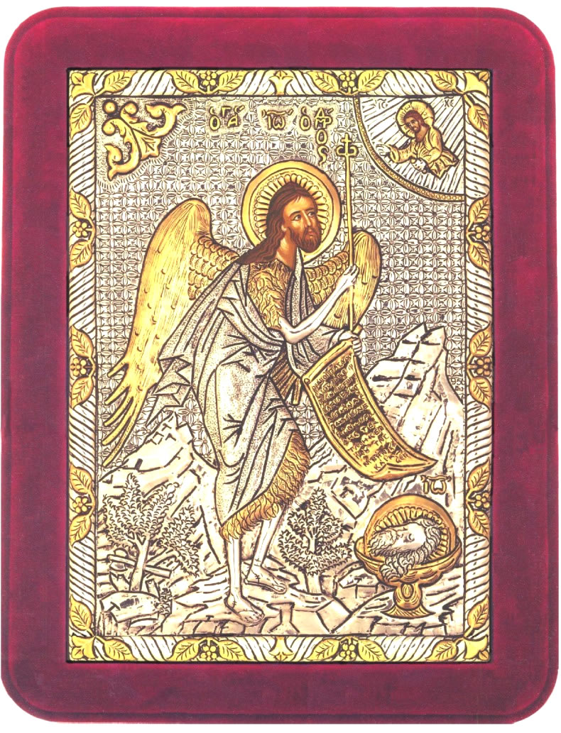 B724 Ασημόχρυση χειροποίητη εικόνα Άγιος Ιωάννης με ασήμι 999ο χρυσό Κ24 και κόκκινη βελούδινη ...