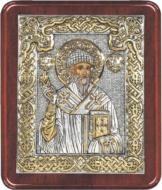 C836 Ασημόχρυση πετράτη χειροποίητη εικόνα Άγιος Σπυρίδωνας με ασήμι 999ο χρυσό Κ24 και ξύλινη ...